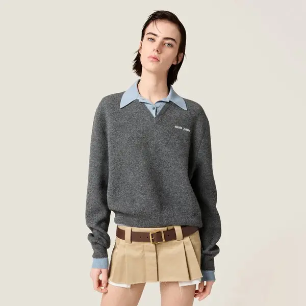 Miu Miu Cashmere And Wool Polo Sweater - Slate Gray/Aviator Blue